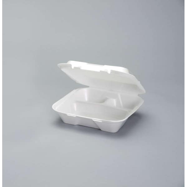 Genpak 9.25"x9.25"x3" White Lg 3 Compart Foam Hinged Dinner Container, PK200 SN203 | Zoro